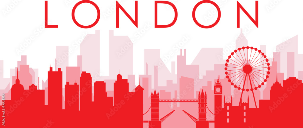Red panoramic city skyline poster with reddish misty transparent ...