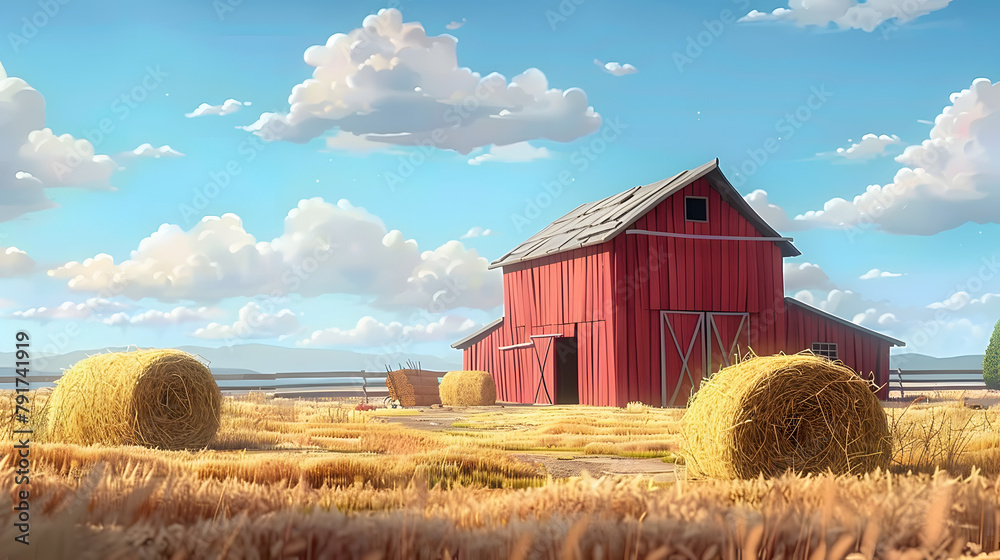 Farm-themed cartoon barn design featuring straw bales and hay piles ...