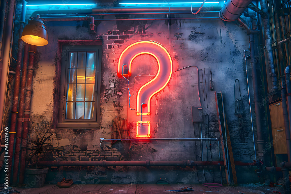 Massive red neon sign formed as a question mark. The sign hangs on the ...