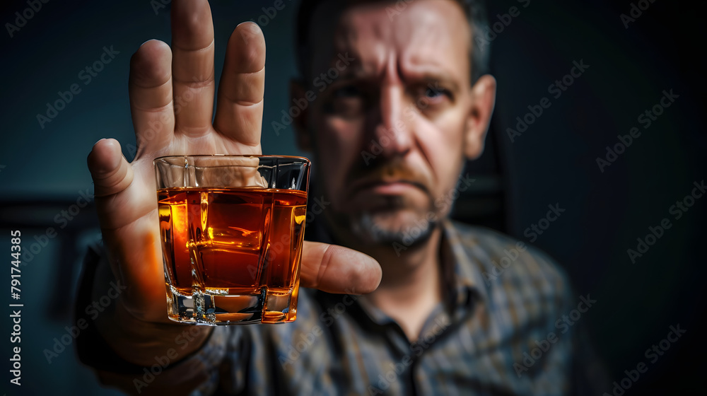 man refuses say no and avoid to drink an alcohol whiskey , stopping ...
