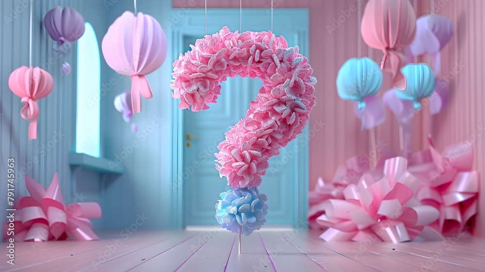 Colorful reveal Question Mark Filled with Candies Hanging in Party Room ...