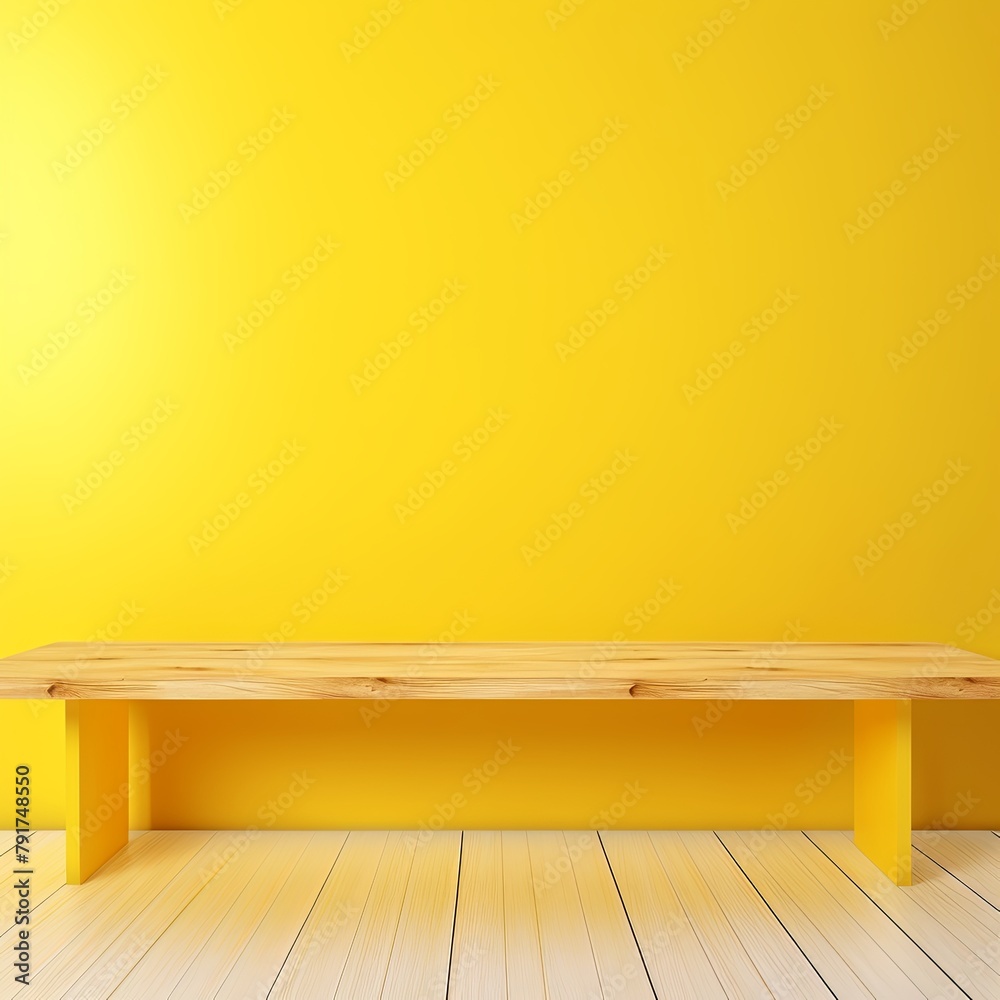 Yellow background with a wooden table, product display template. yellow ...