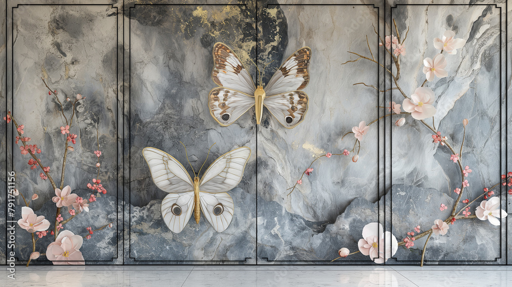 Marble background with butterfly and flower design. Wall art panels ...
