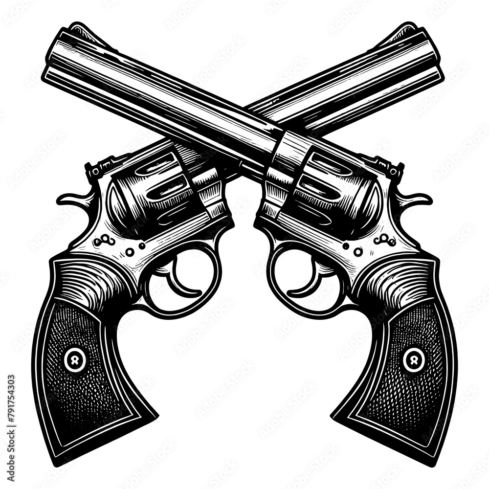 crossed vintage revolvers, rendered in high detail, symbolizing the old ...
