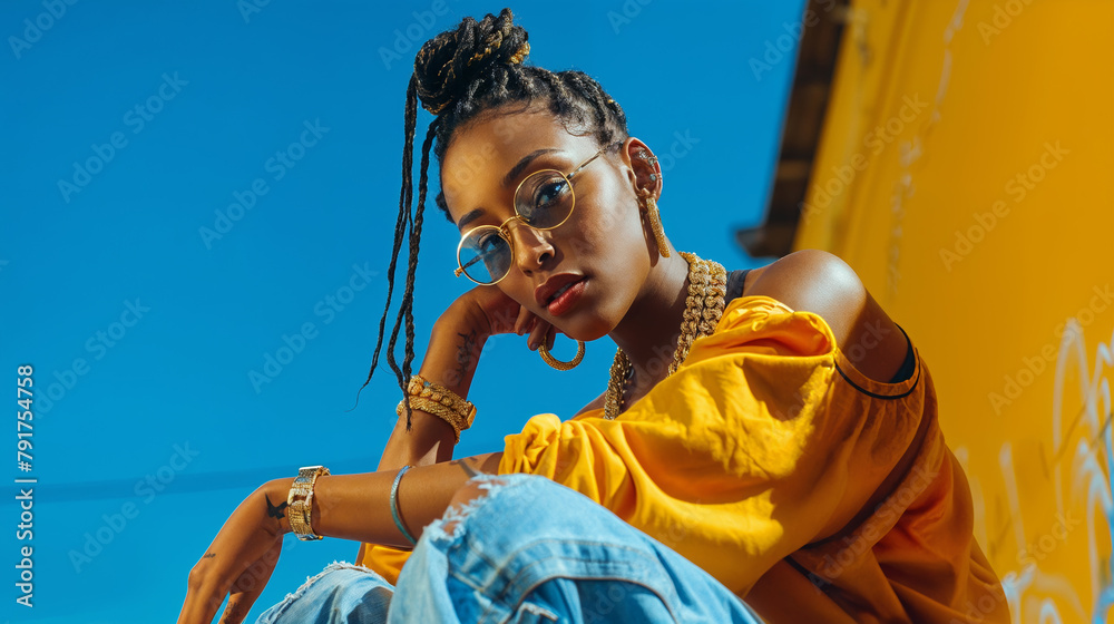 woman rapper crouching in a gangsta pose against graffiti wall ...