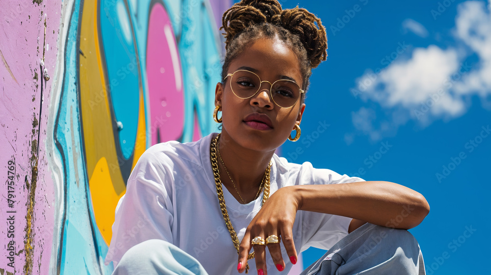 woman rapper crouching in a gangsta pose against graffiti wall ...