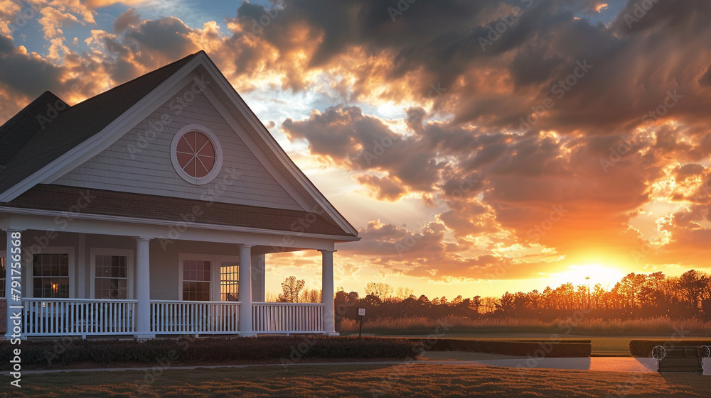 Dramatic sunset setting behind a newly built clubhouse with a white ...