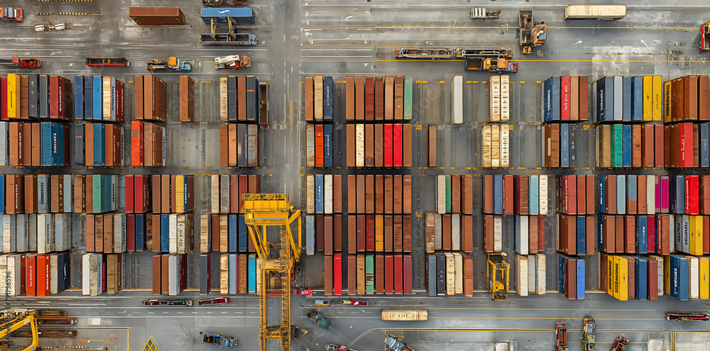 Aerial view, industrial port with colorful shipping containers stacked ...