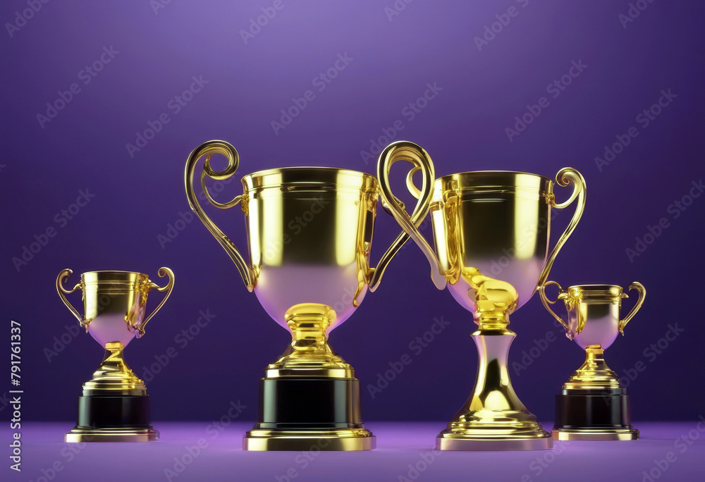 'Winners purple 3d gold Trophies rendering stand cups background poduim ...