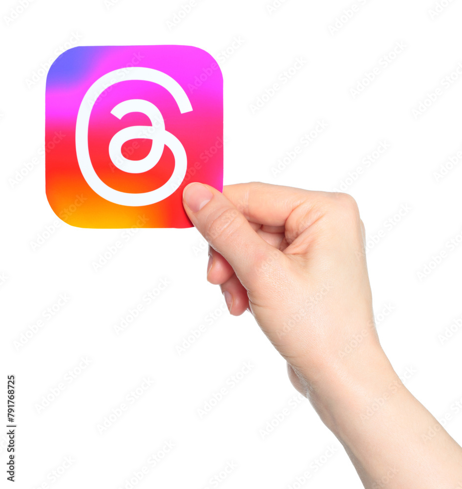 Hand holds paper Threads mobile app icon, on transparent background ...