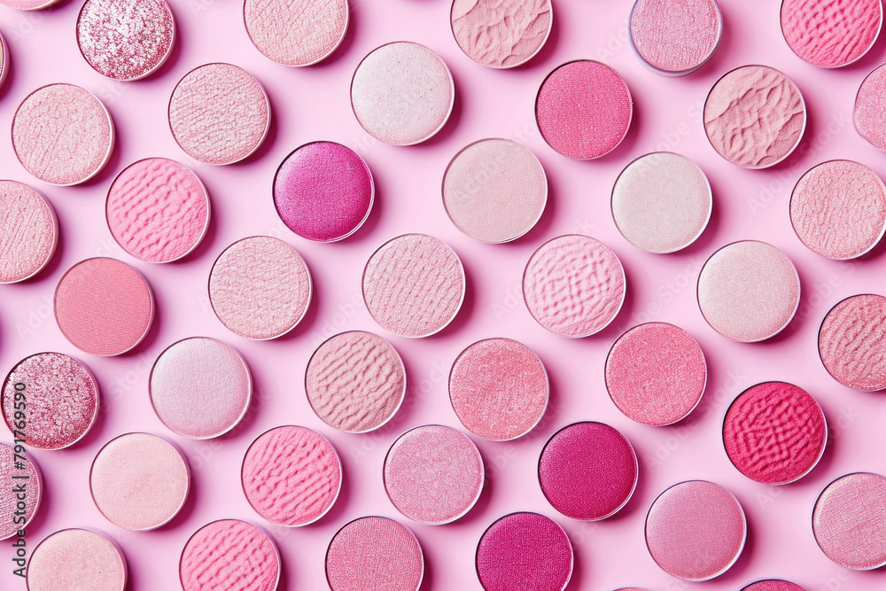 Pink makeup products on a soft pink background, top view, flat lay ...