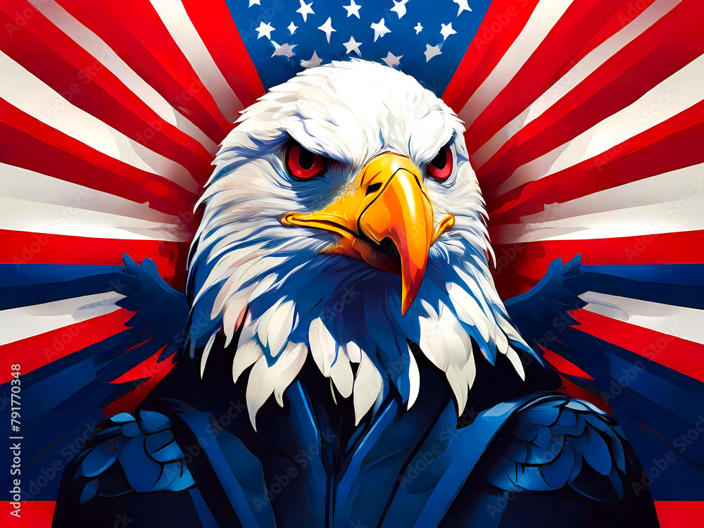 Bold, proud eagle with fiery red eyes and golden beak stands tall ...