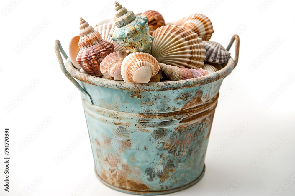 A family's beach bucket filled to the brim with seashells of various ...