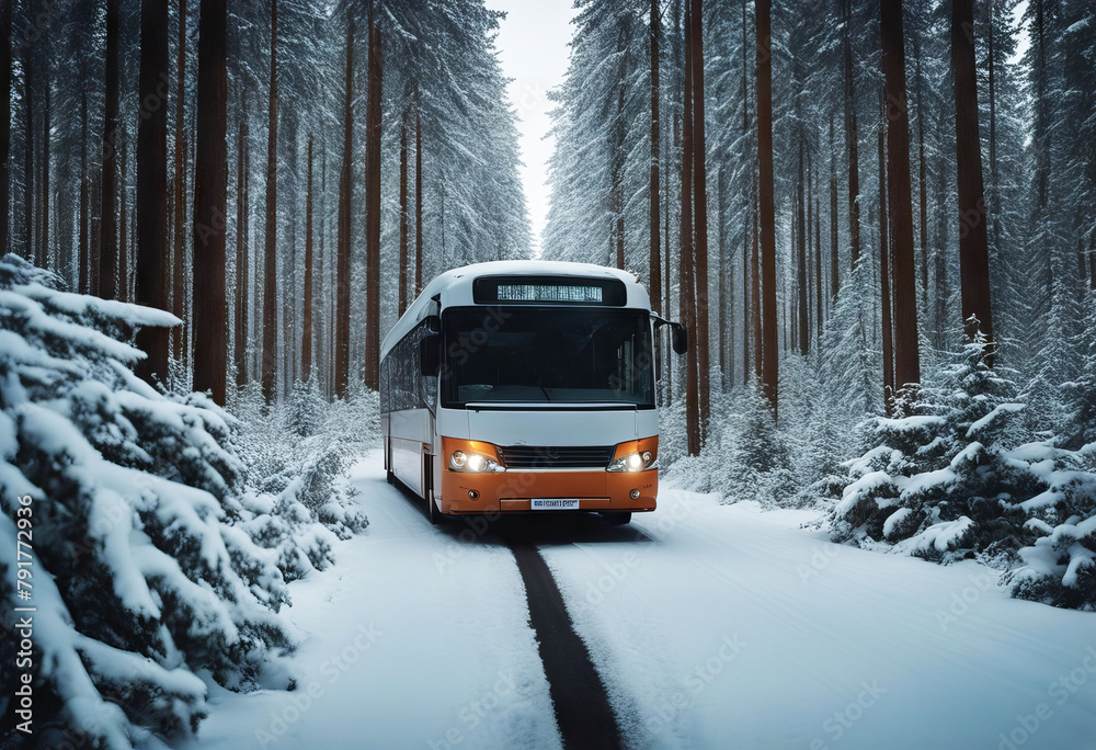 'winter bus coniferous road forest snow sunlight cold white travel ...