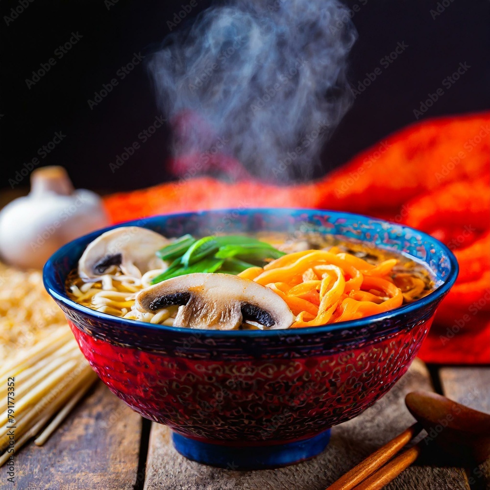 Traditional ramen steam rising from a rich broth, with mushrooms and ...