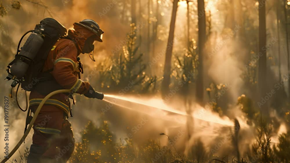 Experienced firefighter extinguishing a wildland fire by spraying water ...