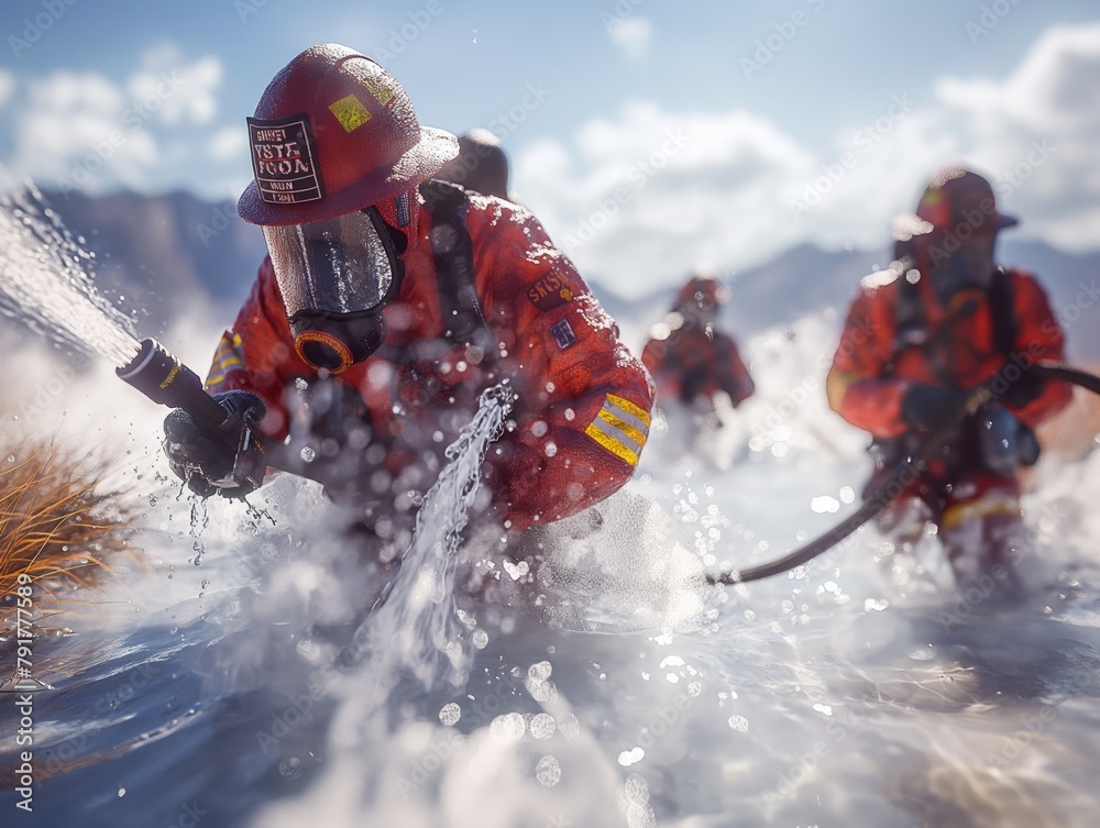 A group of firefighters are in the water, one of them is spraying water ...