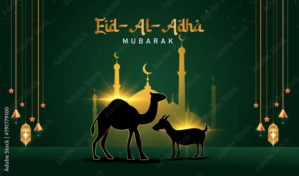 Traditional bakrid festival golden shiny card dersign with mosque ...