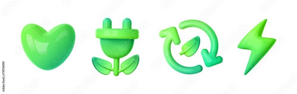 Green energy 3d icon. Green heart, arrows recycle symbol, lightning ...