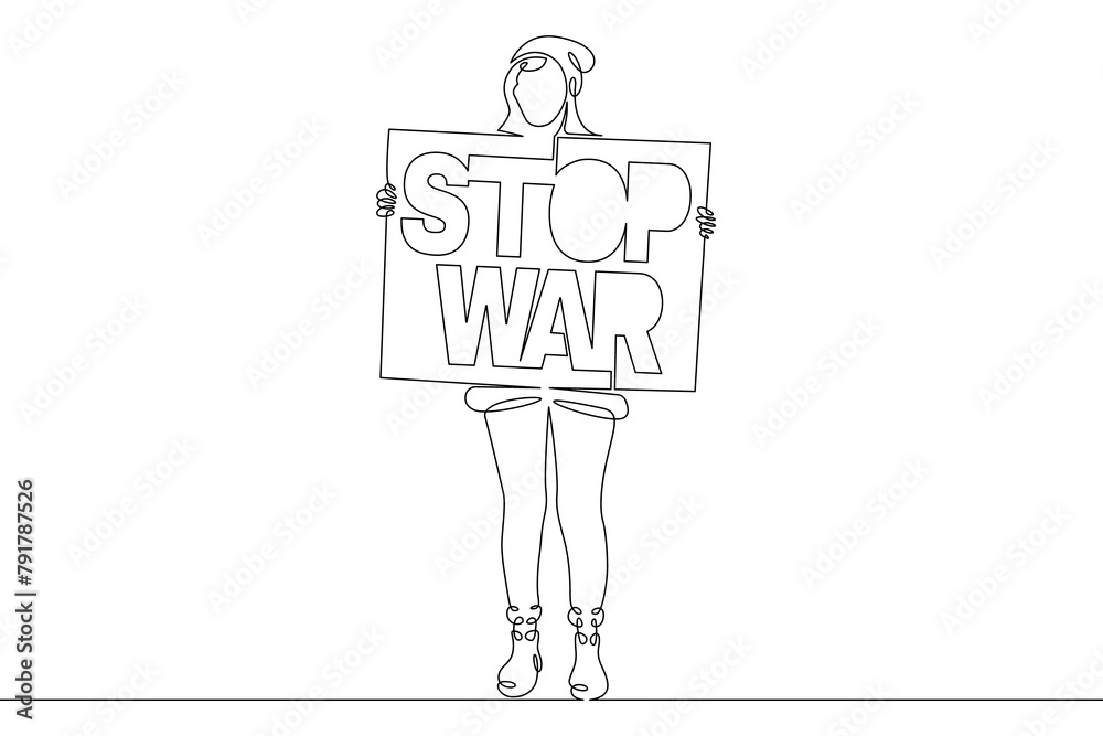 One continuous line.A protesting demonstrator stands with a banner ...