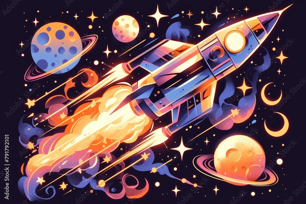 Cartoon rocket flying to the moon against a space background with ...
