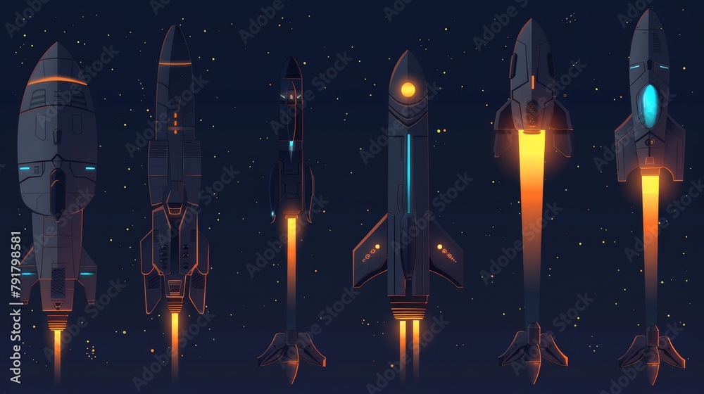 Isolated white background with spaceship silhouettes, sci-fi rockets ...