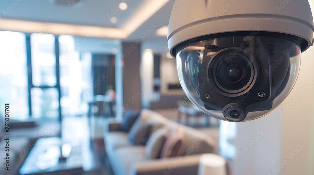 Security camera mounted on a living room in a house building wall for ...