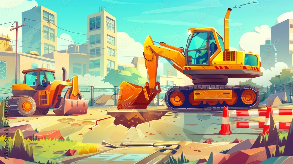 A construction worker digs a hole in a city street with construction ...