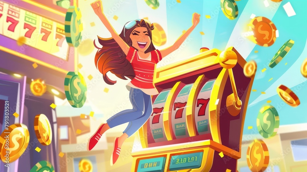 Winner celebrating jackpot on one-armed bandit, jumping at cash falling ...