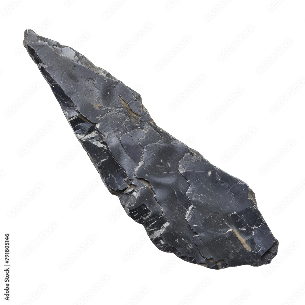 An ancient-style flint stone with a sharp edge and a glossy black ...