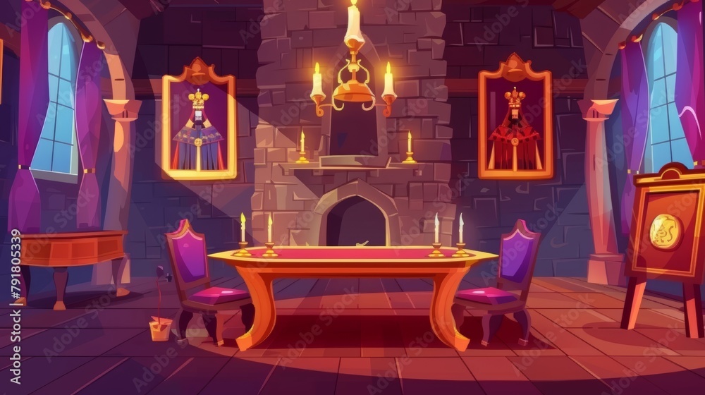 The interior of a royal castle dining room with candlelight and ...