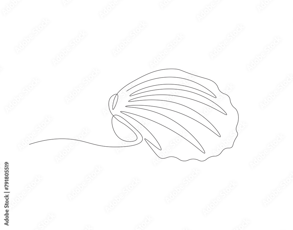 Continuous line drawing of scallop shellfish. One line of shellfish ...