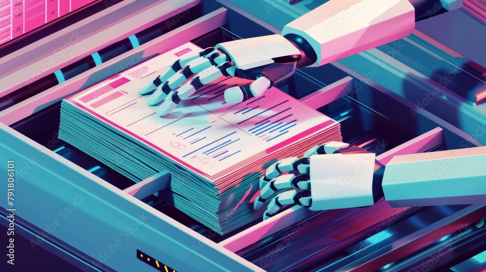 This is an isometric landing page showing old documents on a conveyor ...