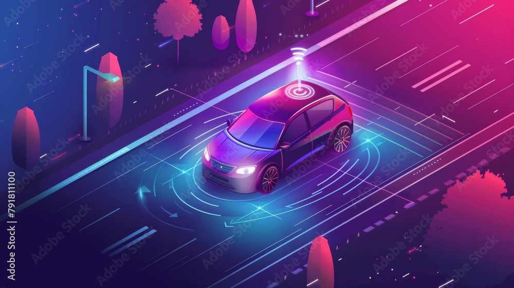 This self-driving car isometric landing page features scanners, radars ...