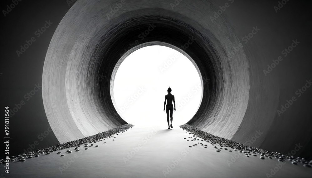figure walking through a portal from a grayscale world into one full of ...