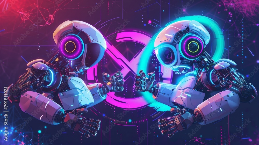 AI robots and cyborg arms on neon glowing hud, with infinity symbol in ...