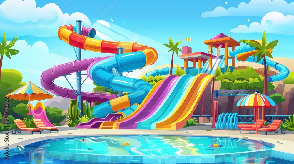 Aqua park with water slides, pool, loungers, and umbrellas. Cartoon ...