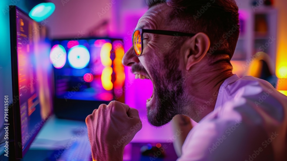 Exuberant male gamer with headset celebrating a victory at home, neon ...