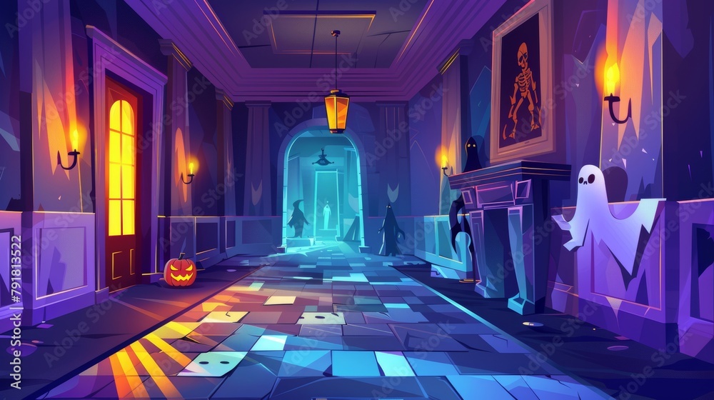 The cartoon flyer shows a haunted house and a Halloween party with ...