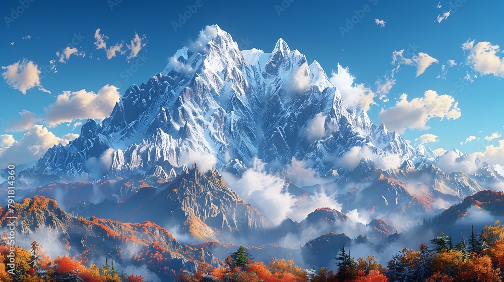 Behold the majestic splendor of a snow-capped mountain range, where ...