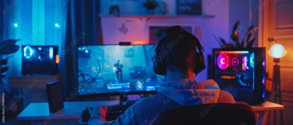 Gaming Online Video Game. Back shot of a Gamer Playing and Winning in a ...