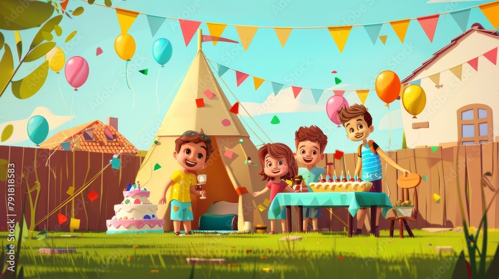 Cartoon illustration of happy children and an air dancer with an ...