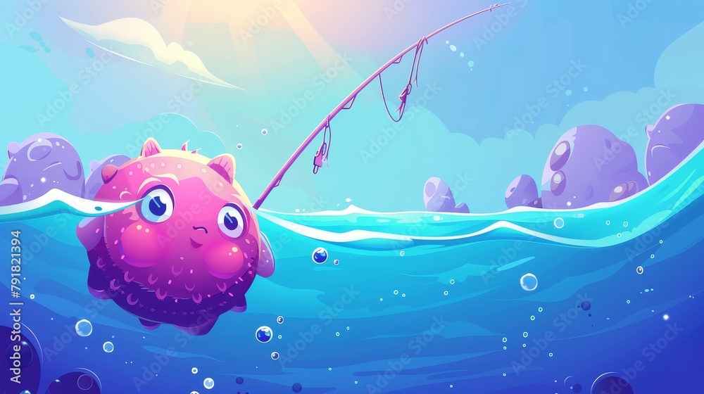 Illustration of a cuter puffer fish looking upon a fishing hook ...