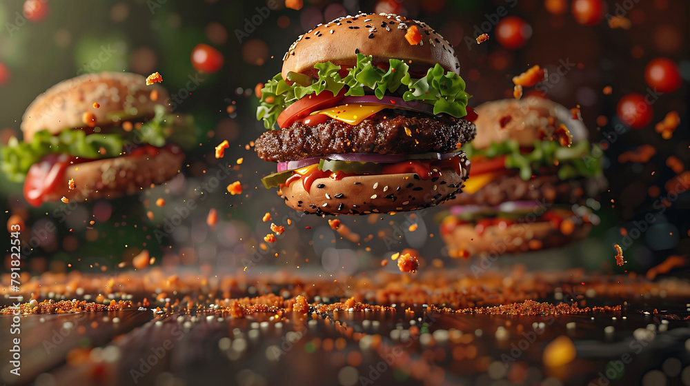Foto de Grill burger, realistic 3d burgers falling in the air, grilled ...