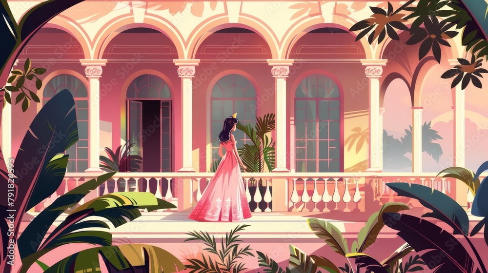 An illustration of a princess wearing a pink dress and wearing a gold ...