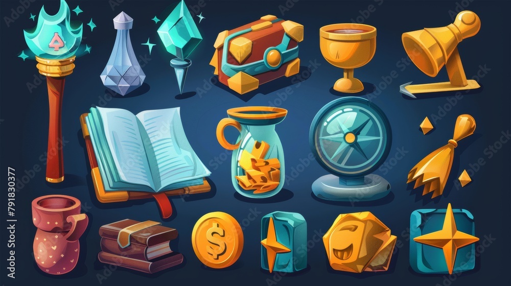 The set of cartoon modern GUI icons includes: Travel diary, lightning ...