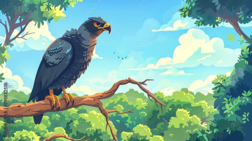 An eagle, falcon, or hawk sits on a tree branch over a summer forest ...