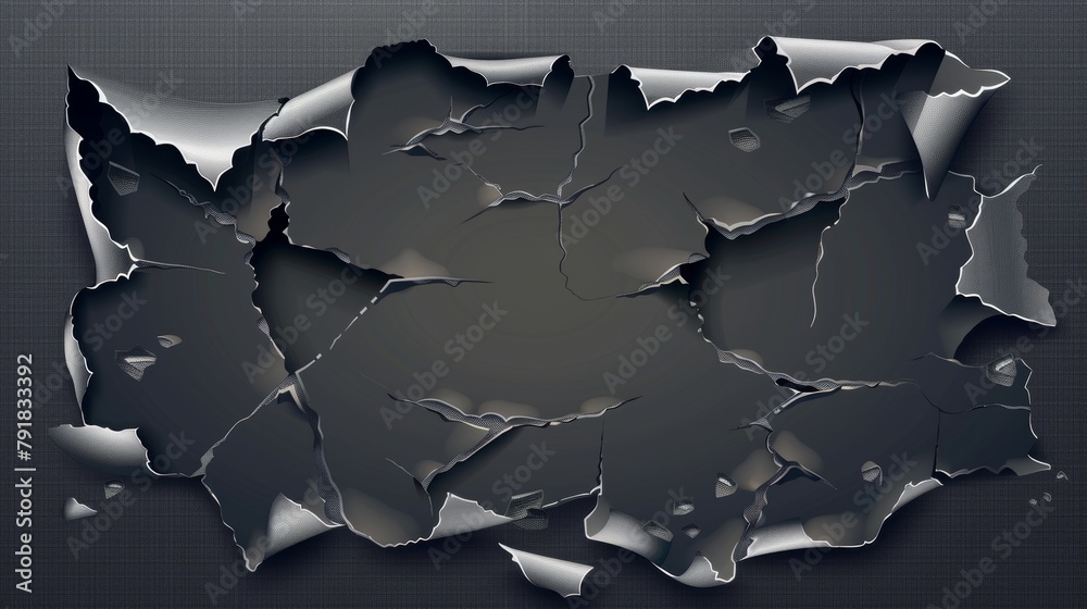 A realistic 3d modern illustration, clipart, showing metal rips, cracks ...