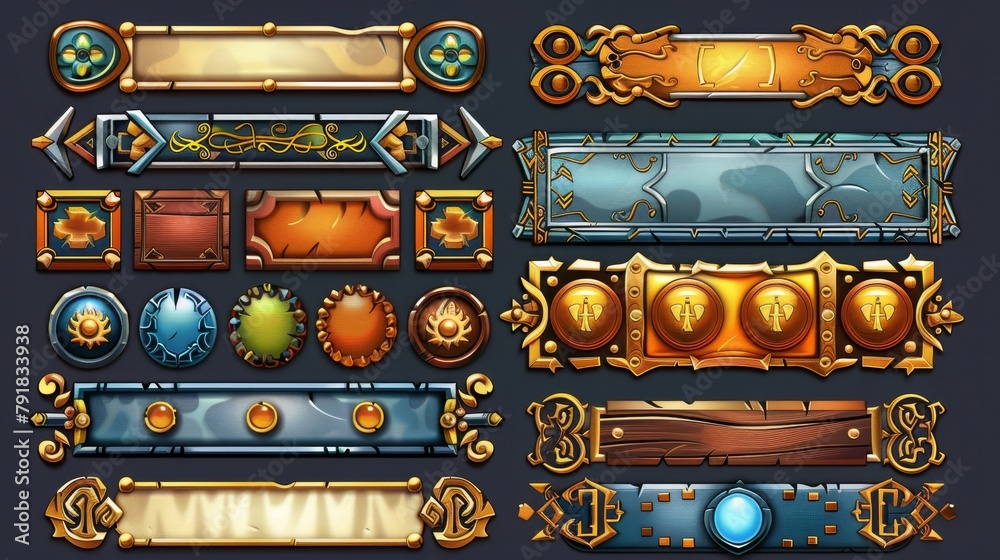 There are two modern sets here: a set of medieval game menu frames, UI ...