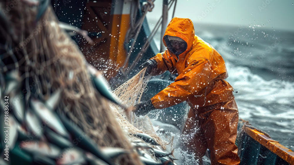 Foto de Fisherman in the midst of their toil, pulling nets full of the ...